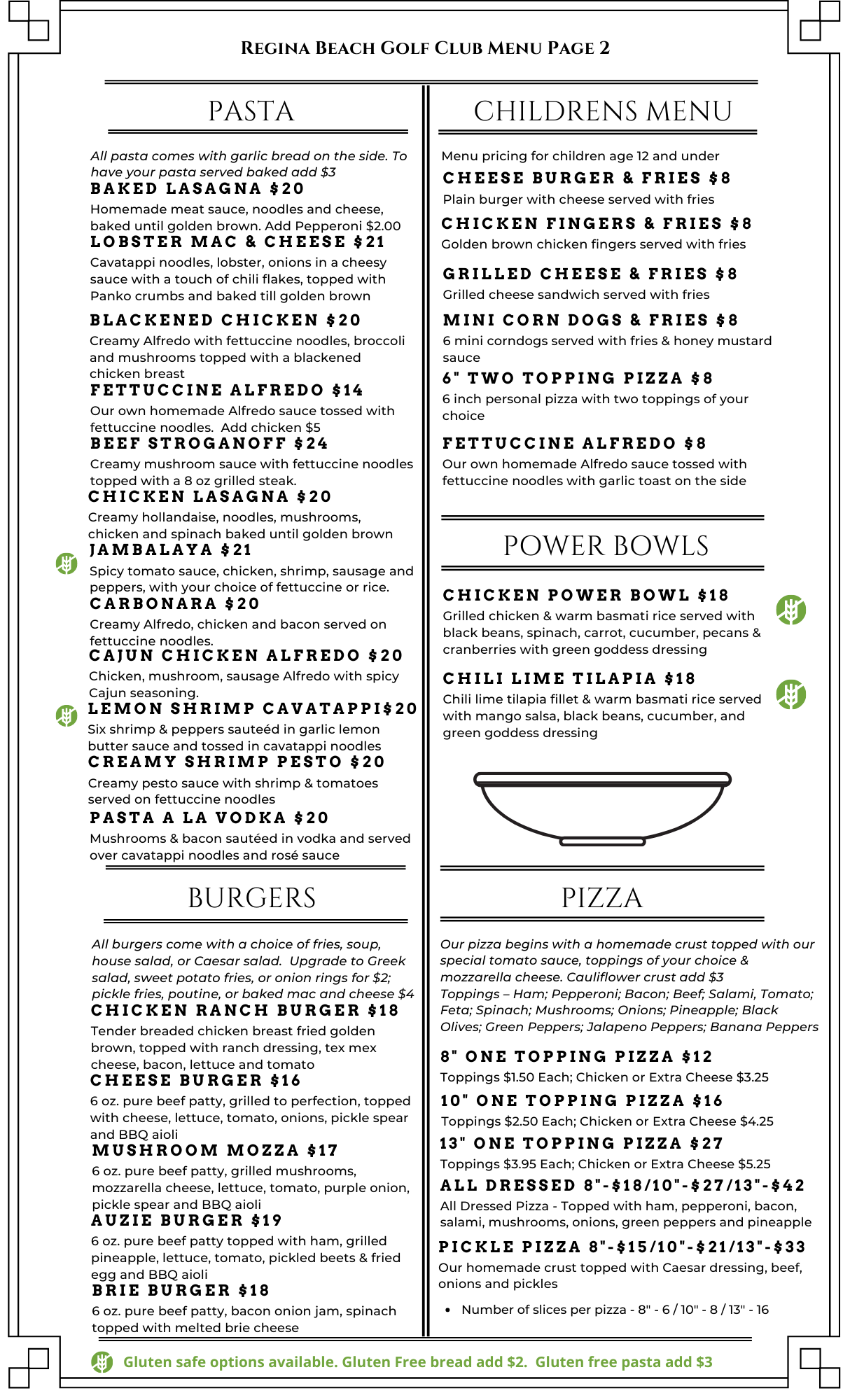 Regina Beach Golf Club | Menus